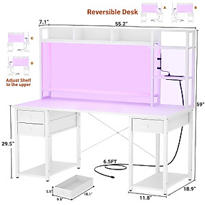 Aheaplus Desk with LED and Outlets, Gaming Desk with Hutch, 55.2'' Computer Desk with Drawers, Reversible Office Desk with Storage Bookshelf Large Workstation Desk with Shelf, Desk for Home, White