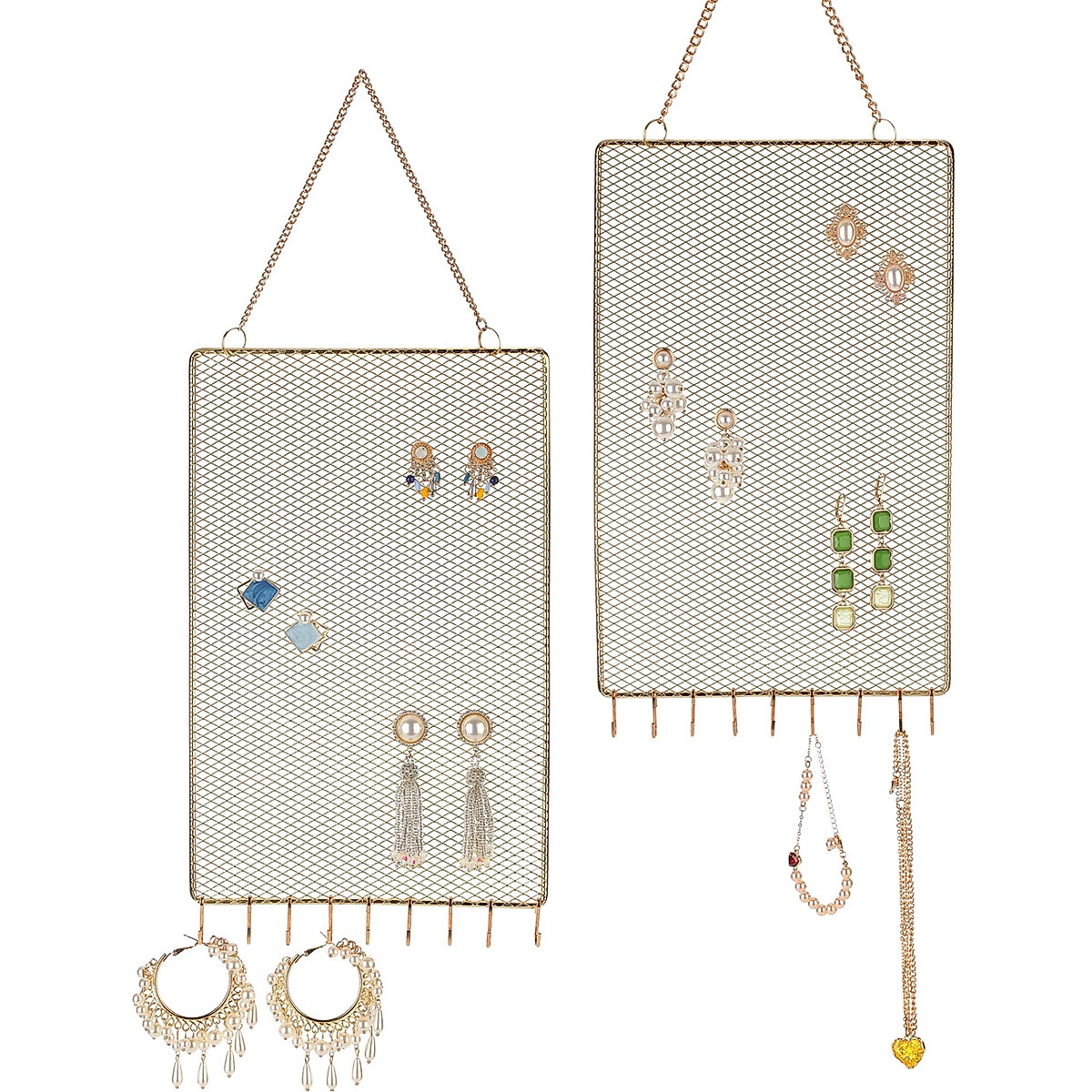 Heesch 2 Pack Earring Holder Wall Mounted Hanging Jewelry Organizer Display Decorative Metal Diamond Shape with Hooks for Necklaces Bracelets (Gold)