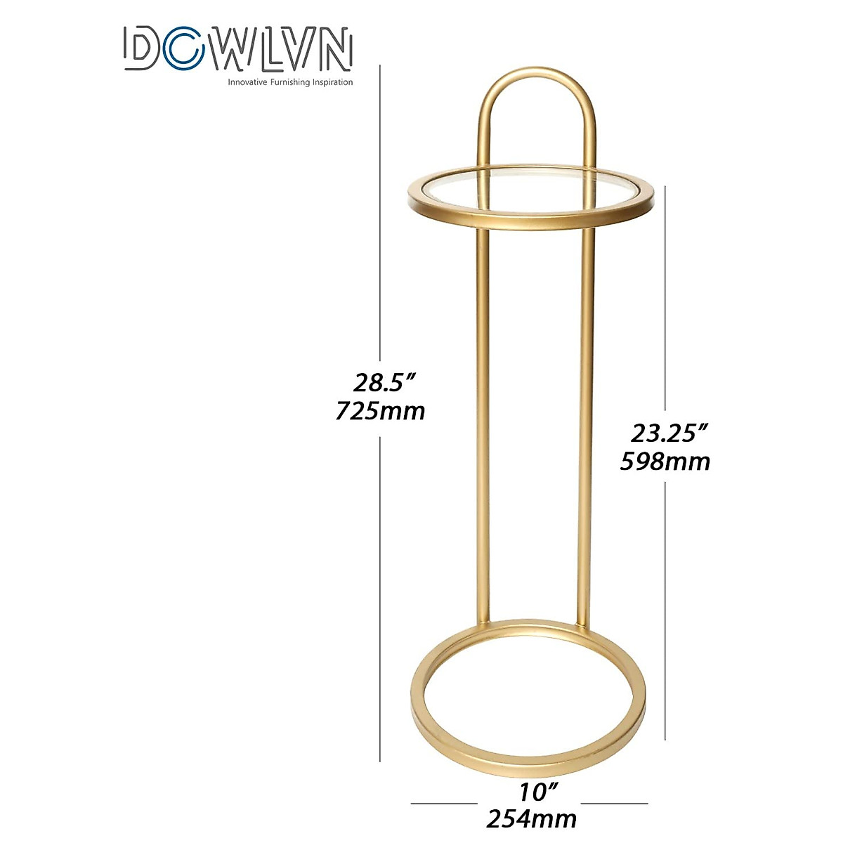 Gold Glass Small Drink Snack Accent Martini Table, C Shaped Side End Table, No-Assembly, 10" D x 28.5" H
