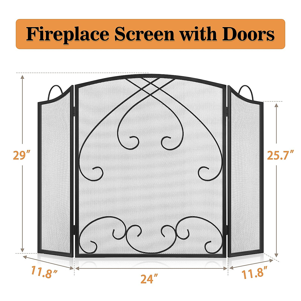 Gtongoko 3 Panel Fireplace Screen with Handles 48" W x 29" H New Version Modern Wrought Iron Decorative Large Fire Spark Guard Grate Heavy Duty for Living Room Home Outdoor Decor, Black