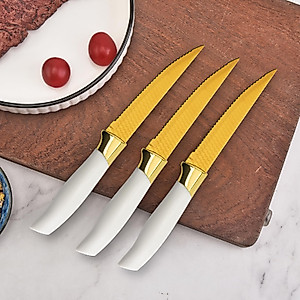 Knife Set, Non Stick Thick and Sharp Stainless Steel Kitchen Knives Set with Wood Block, 14 Pcs Cutlery Knives Block Set with Steak Knife, Bread Knife, Scissors, Chef Quality, White Handle Gold Blade