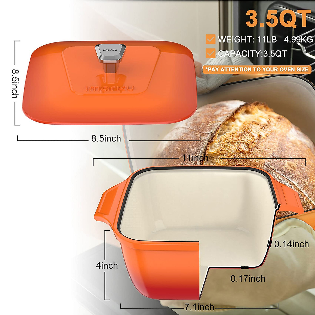 Dutch Oven, imarku 3.5 Quart Enameled Cast Iron Dutch Oven Pot with Lid for Braising, Broiling, Frying, Bread Baking, Roast Turkey, Oven Safe Up To 550°F, Enamel Coating, Nonstick Easy to Clean