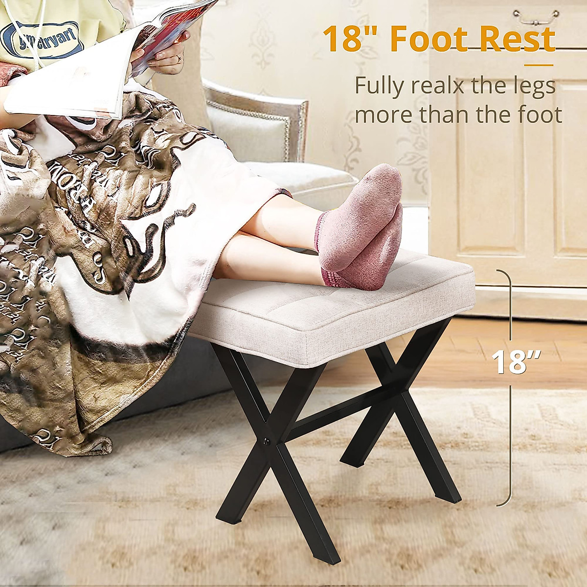 LUE BONA Ottoman Foot Stool Vanity Stool, Square Linen X-Leg Foot Rest Ottoman Makeup Stool, Small Stool Chair for Vanity, Modern Padded Vanity Seat for Makeup Room, Living Room, Bathroom, Linen Color