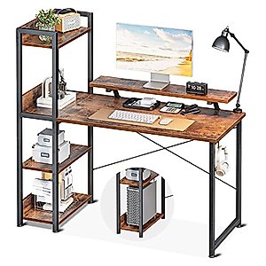 ODK Computer Desk with Storage Shelves and Monitor Stand, 40 Inch Writing Desk with Bookshelf, Reversible Study Table for Home Office, Small Space Bedroom, Vintage