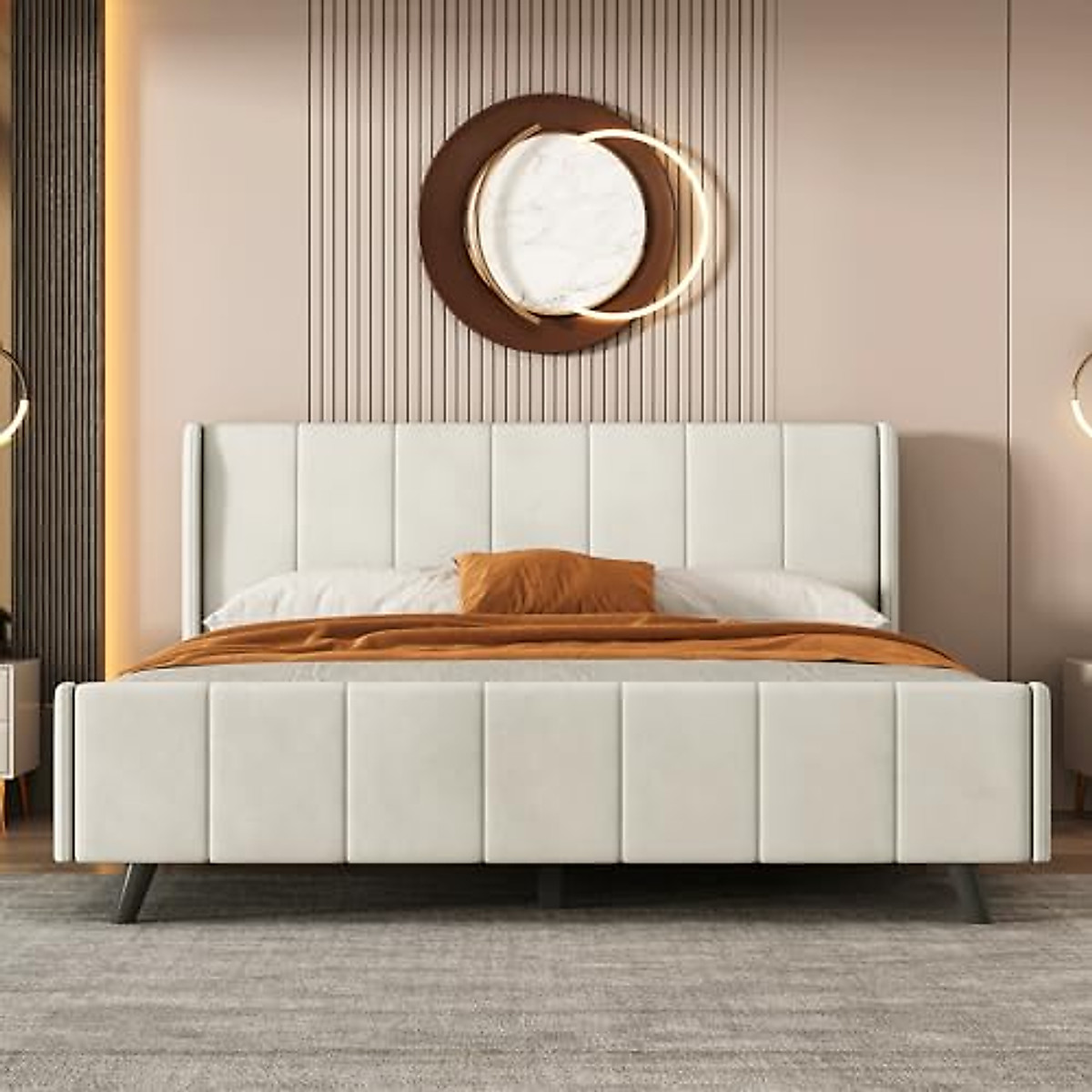 WOXYX Queen Size Velvet Upholstered Platform Bed Frame with Headboard and Strong Wooden Slats,Beige