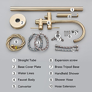 YAGATAP Freestanding Bathtub Faucet Floor Mount Tub Filler Brushed Gold High Flow Shower Faucets with Handheld Shower Mixer Taps Swivel Spout