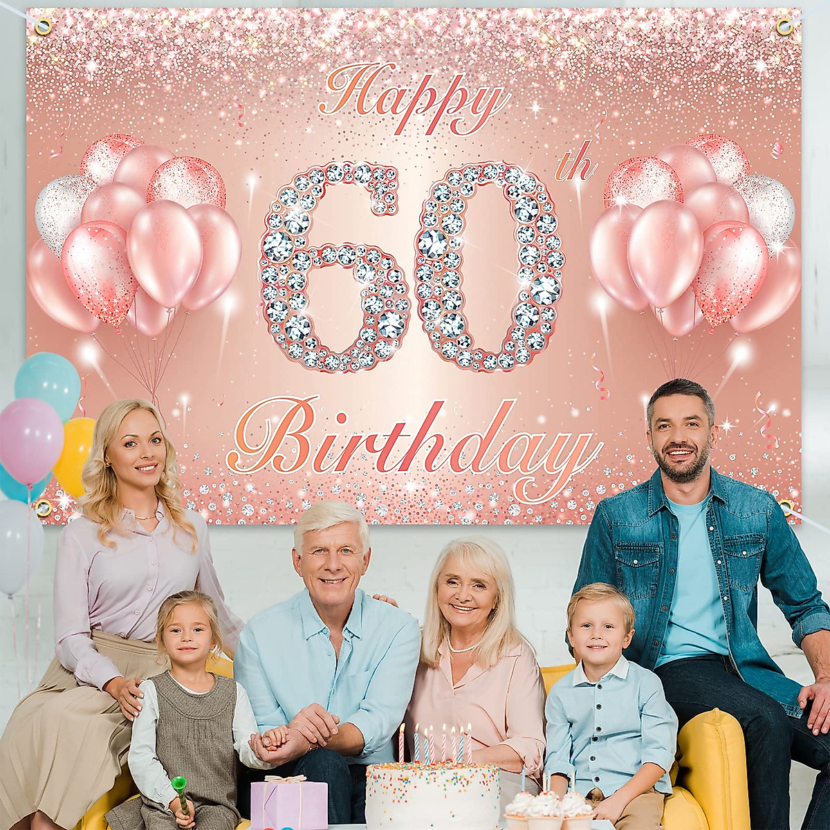 Happy 60th Birthday Banner Backdrop - 60 Birthday Party Decorations Supplies for Women or Men - Rose Gold 4 x 6ft