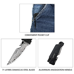 ALBATROSS 6-in-1 Modern Damascus Steel Folding Pocket Knives with LED Light,Seatbelt Cutter,Glass Breaker,Magnesium Fire Starter,Bottle Opener;Multi-Function Emergency Tool(Black-3)