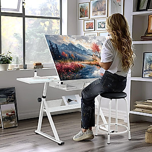 Miscoos Adjustable White Tempered Glass Drafting Table with Chair, 39.76" x 23.60" | Steel Frame, Anti-Slip Feet, Storage & Pen Holder