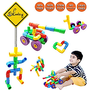 Skoolzy STEM Learning Pipe Tube 29 Piece Toys_and_Games Set, Educational Construction Building Blocks for ADHD & Autism for Baby, Kid Includes Wheels Pipes Joints and eBook