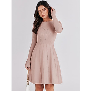 ANRABESS Women Midi Sweater Dress Long Sleeve Crewneck High Waist Casual A-Line Pleated Dresses Pink Small