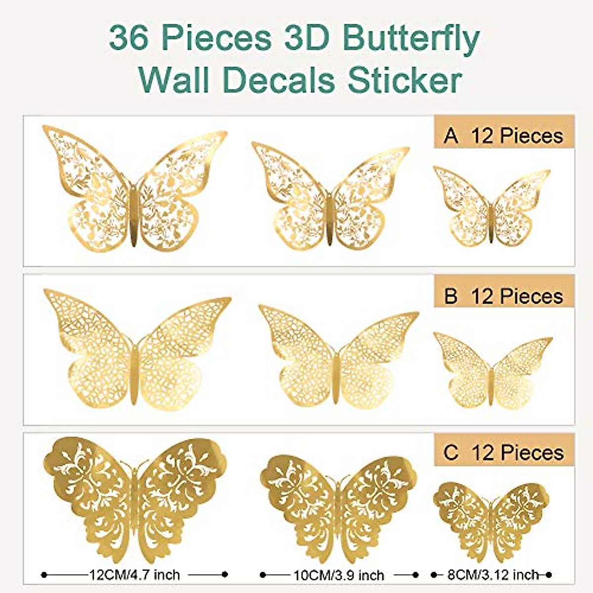 ForTomorrow Butterfly Wall Decals Gold Metallic Paper 3D Home Decor Art Stickers DIY Man-Made Decorative Murals for Living Room Kids Girls Bedroom Nursery Party