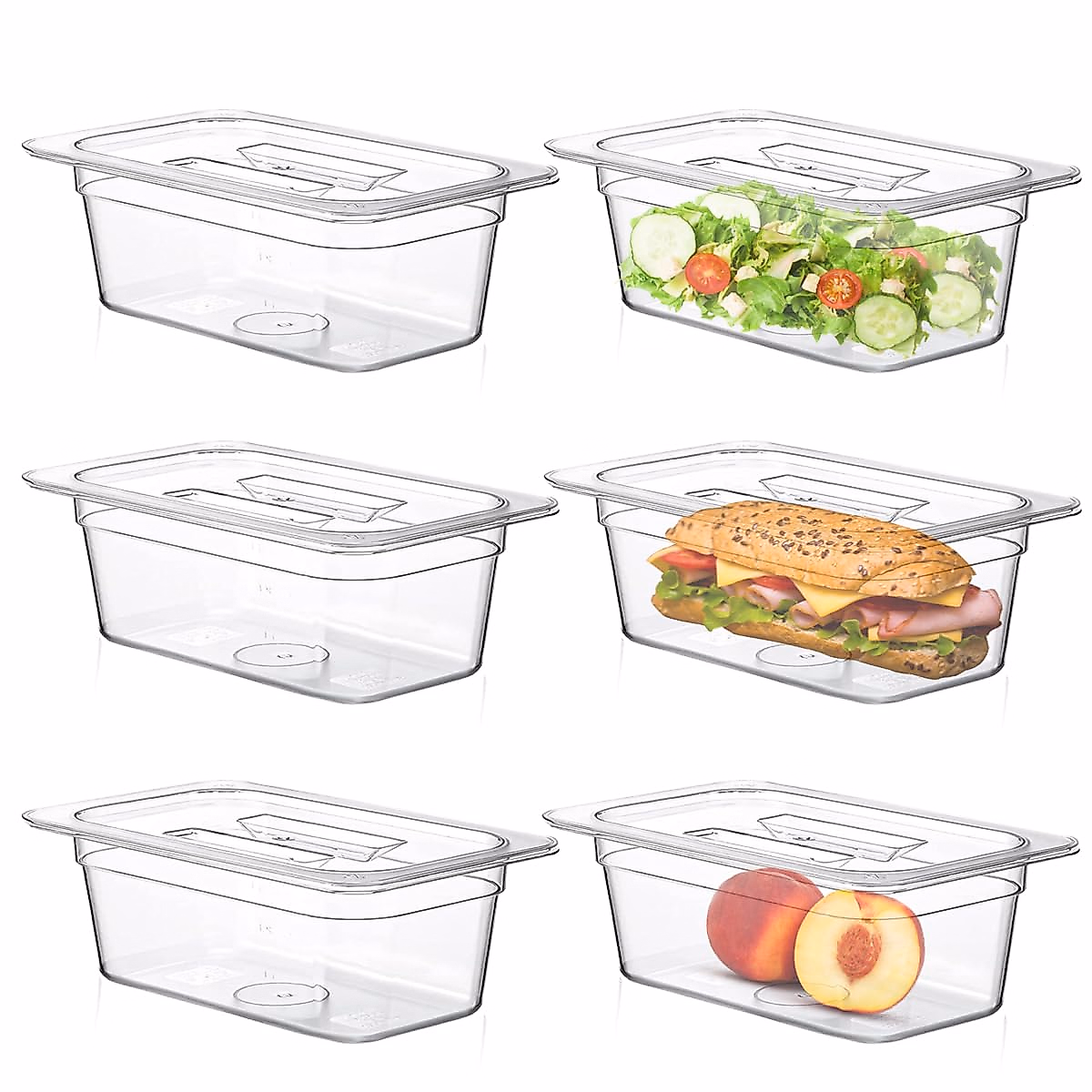 6 Pack 4'' Deep Plastic Clear Food Pan with Lids,Commercial Stackable Polycarbonate Pan with Capacity Indicator,Acrylic Food Storage,Restaurant Supplies for Kitchen (1/4 Size 4''Deep)