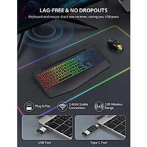 Wireless Keyboard and Mouse with 9 Colored Backlit, Wrist Rest, Jiggler Mouse, Rechargeable Silent Ergonomic Light Up Keyboard Mouse Combo with Phone Holder for Windows, Mac, PC, Laptop