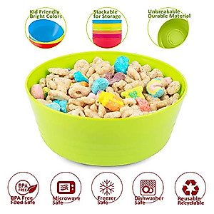 PLASKIDY Plastic Toddler Bowls Set of 6 Kids Bowls 10 Oz - Toddlers Cereal Bowls Microwave Dishwasher Safe BPA Free Brightly Colored Children Snack Bowls Great for Cereal, Soup, Snack, Fruit or Salad