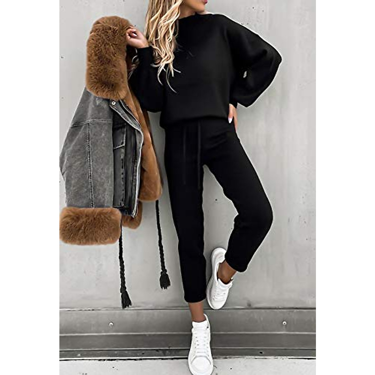 Women's 2 Piece Pant Set Sweatsuit Long Lantern Sleeve Sweatshirt Jogger Pant Tracksuit Black M