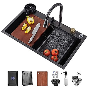 29.5" Black Waterfall Kitchen Sink 18 Gauge T304 Stainless Steel Single Bowl Kitchen Sink Drop in Kitchen Sink with Faucet Combo Topmount Workstation Sink with Accessories, 29.5" x 17.7" x 8.3"