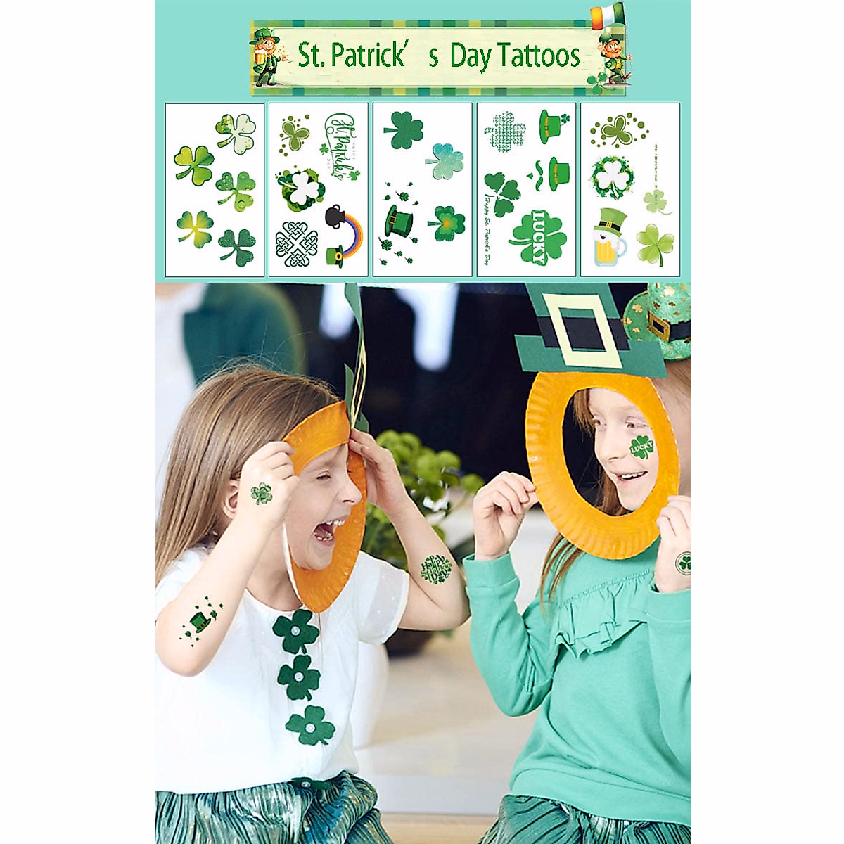 St. Patrick’S Day Tattoos Shamrock Temporary Tattoo Sticker Waterproof Clover Lucky Tattoos for Adults Kids Saint Patricks Day Costume Party Decor Supplies on Face Body 10 Sheets.