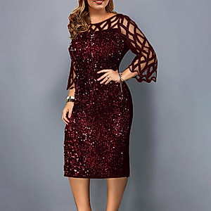 SHENYANGWA Plus Size Summer Dresses Sexy Hollow Out Long Sleeve Mesh See Through Sequin Midi Dress Casual Party Short Dress Red, 3X-Large