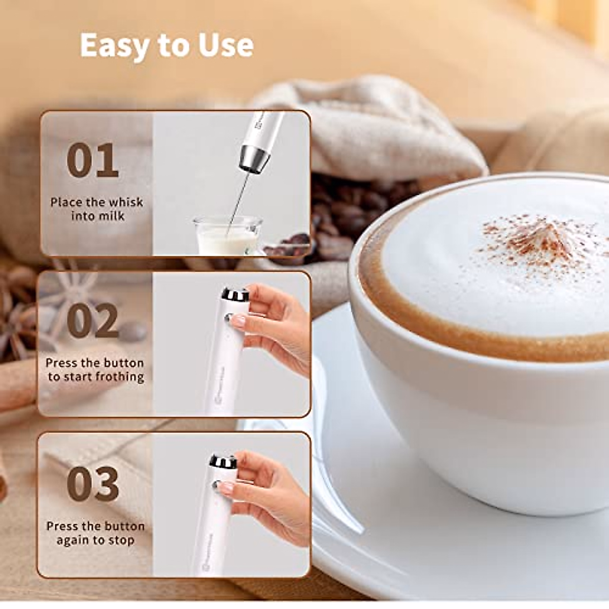 Maestri House Rechargeable Milk Frother, Handheld Electric Foam Maker Waterproof Detachable Stainless Steel Whisk Drink Mixer Foamer with Stand, 2 Whisks for Lattes, Cappuccino (White)