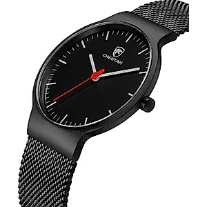 GOLDEN HOUR Men’s Watches Fashion Minimalist Thin 38 mm Quartz Analog Waterproof Watch with Black Stainless Steel Mesh Band Red-Hand