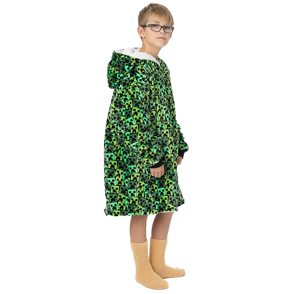 Minecraft Boys Oversized Blanket Hoodie | Boys Creeper Villain Enemy Double Lined Sherpa Fleece Green Sweater