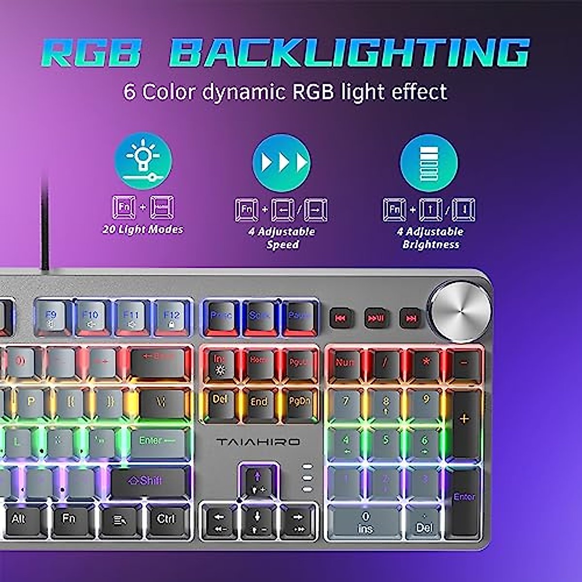 Mechanical Gaming Keyboard, RGB Backlit 104 Keys Full Size Keyboard with Multimedia Knob, Double Shot Keycaps, Full Anti-Ghosting, Blue Switch Wired Computer Keyboard for Windows PC Mac Xbox Gamer