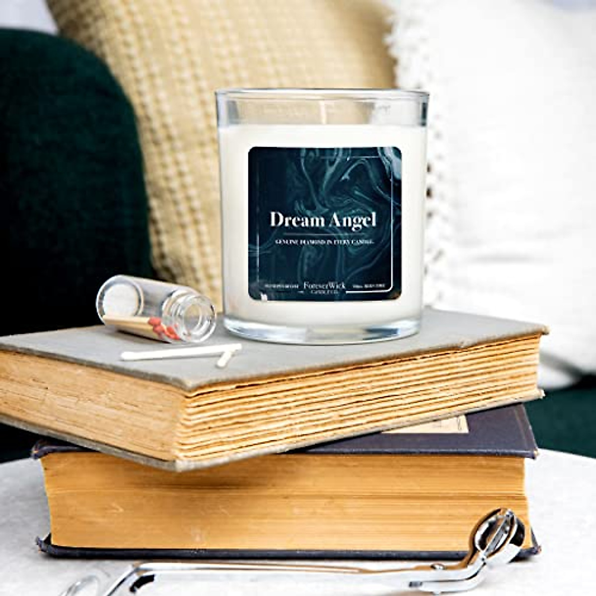 Foreverwick Dream Angel Creamy Vanilla Surprise Soy Wax Candle with Diamond Inside 14Oz Jar, Large Candles, Scented, Gift Women, Glass, Double Pour Inspired, 70 Hours