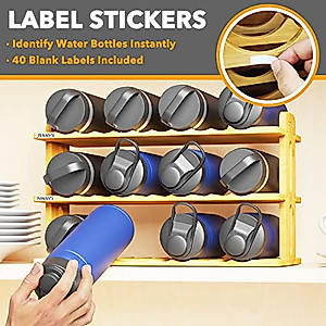 SpaceAid Bamboo Water Bottle Organizer with Labels, Kitchen Pantry Water Bottle Storage Rack for Cabinets, Home Cup and Wine Bottle Holder Shelf Organizers, (3-Tier, Hold 12 Bottles)