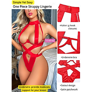 Kaei&Shi Strappy Lingerie Bondaged,Sexy G String Lingerie For Women,One Piece Choker Bodysuit Boudoir Outfits Exotic,Red,Medium