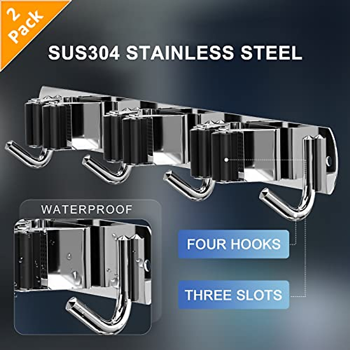 2 Pack Mop Broom Holder Wall Mount, Broom Organizer Mop and Broom Storage Tool Racks Stainless Steel Self Adhesive Wall Hanger for Home Kitchen Garden Laundry Garage by ZONGOOL (3 Racks 4 Hooks)