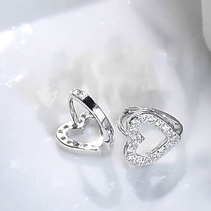 CZ Heart Shaped Small Hoop Cartilage Earrings for Women 925 Sterling Silver Pink Cubic Zirconia Hypoallergenic Tiny Hollow Love Huggie Hoops Dainty Birthday Wedding Christmas Holiday Jewelry Gifts (Silver Plated Clear CZ)