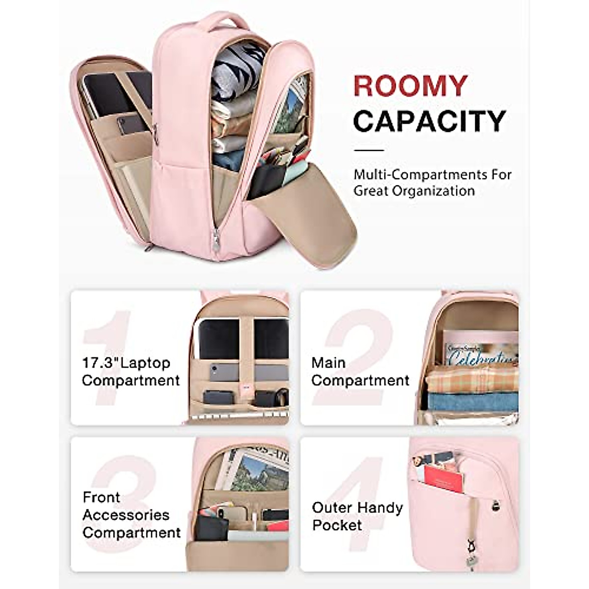 BAGSMART Travel Backpacks Laptop Backpack 17.3 Inch Notebook Water Resistant Casual Daypack Super Large Bags for Business Work Computer Bag School College Bookbag Women Girls Pink