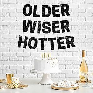 Pre-Strung Older Wiser Hotter Banner - NO DIY - Black Glitter Happy Birthday Party Banner - Pre-Strung Garland on 8 ft Strands. Black Birthday Party Decorations For Men & Women. Did we mention no DIY?