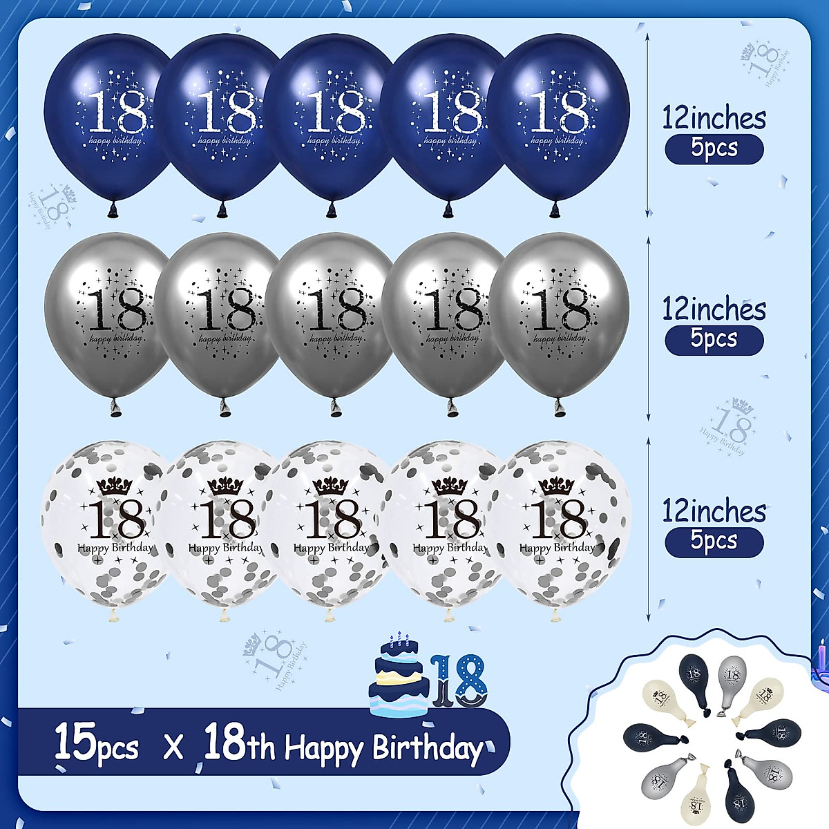 18th Birthday Balloons, 15 PCS Navy Blue Silver Latex 18th Birthday Balloons for Boys Girls 18th Anniversary Happy Birthday Party Decorations Navy Blue Balloons Decor Supplies,12 Inches