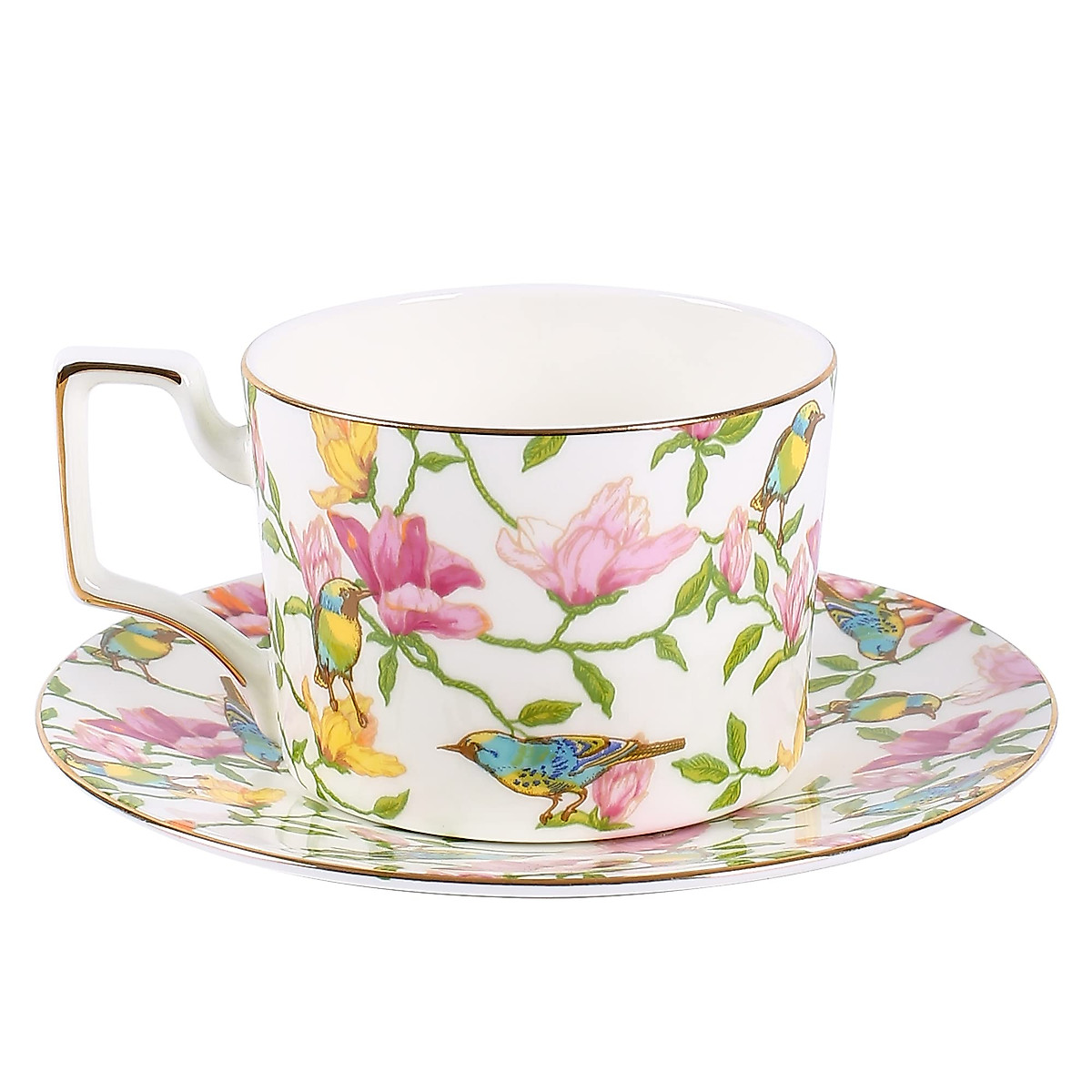9 Ounces Teacup and Saucers Set Vintage Floral Tea Cups Set Bone China TeaCups Coffee Tea Cup for Tea Party Women Mom (White)