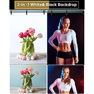 UTEBIT White Black Backdrop, 5 * 6.5FT 2-in-1 Double Sided Photo Backdrop Kit Black/White Screen Background for Photography with 4 Spring Clamps, Photo Backdrop Curtain for YouTube/Video/Television