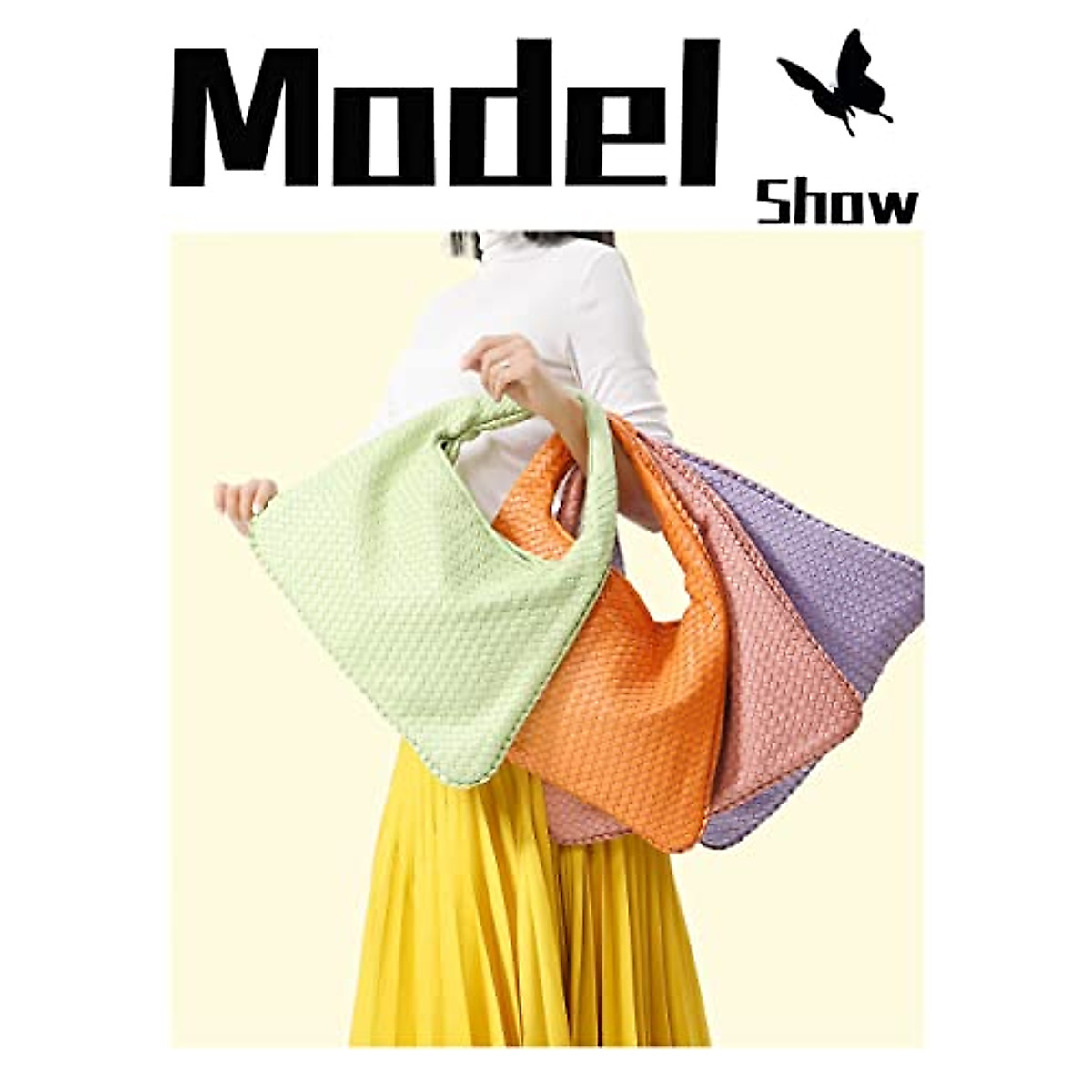 Woven Tote Handbags For Women Large Capacity Vegan Leather Shoulder Top-Handle Travel Shopper Bag Ladies Fashion Underarm Bag Yellow