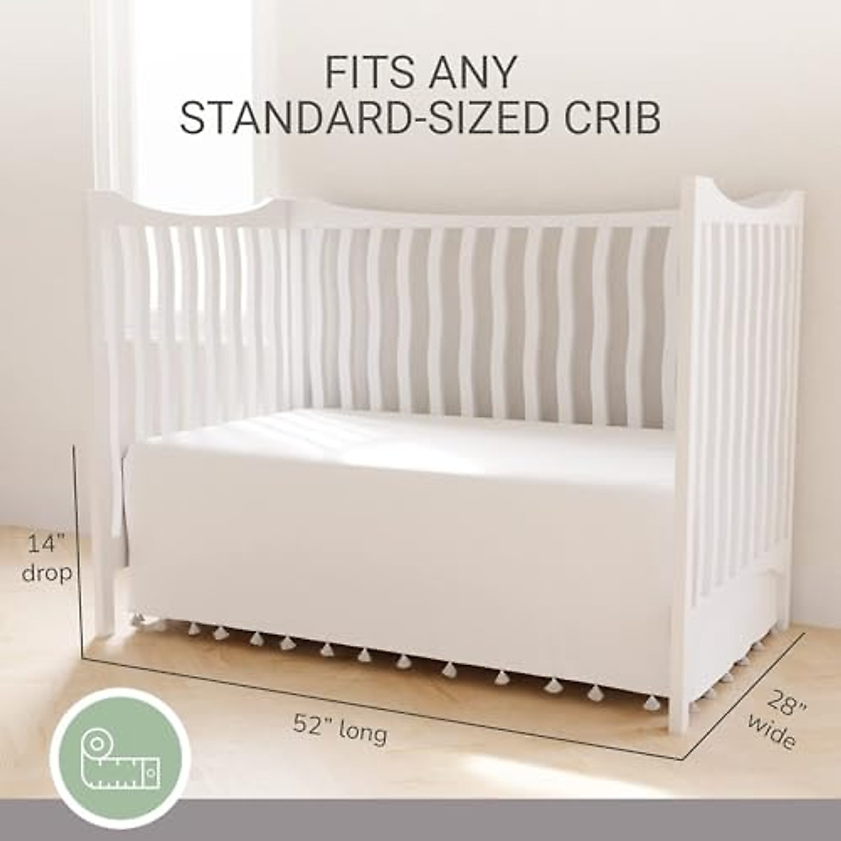 Tadpoles Crib Skirt with Tassel | 28" x 52" with a 14" Drop | Made of 100% Softly Brushed Microfiber Polyester | Easy to Care for | Soft, Smooth, Breathable & Durable | Ideal for Babies | White