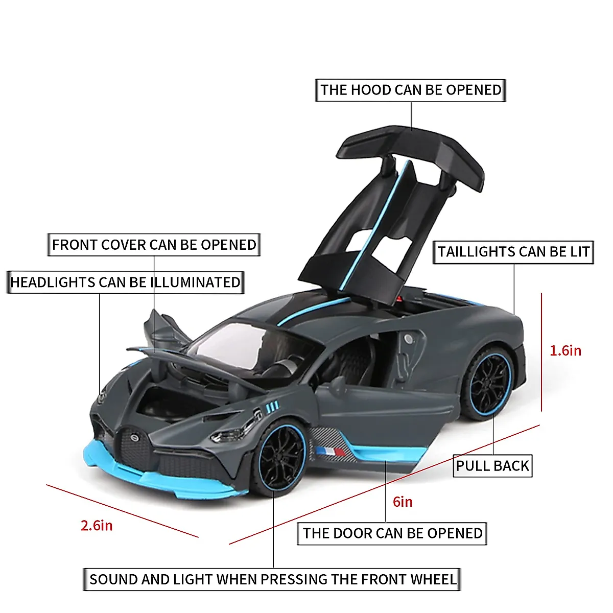 1:32 Bugatti Divo zinc Alloy Pull Back Car Diecast Electronic Toys with Lights and Music,Decorative,Mini Vehicles Toys for Kids,Boyfriend,Young Peoples Gift(Gray)