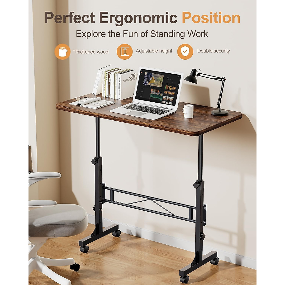 Small Standing Desk Adjustable Height, Mobile Stand Up Desk with Wheels, 32 Inch Portable Rolling Desk Small Computer Desk, Portable Laptop Desk Standing Table Rustic