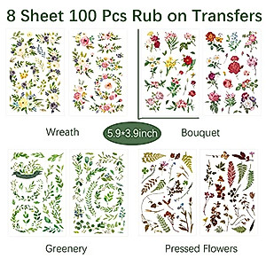 Morld 4 Pack Vintage Rub On Transfers Plant Stickers - 100 Pcs Flower Deco Sticker for Crafts, Wood, Furniture, Fabric, Journaling, Bullet Dairy, Scrapbooking, Planners, Nature Journal