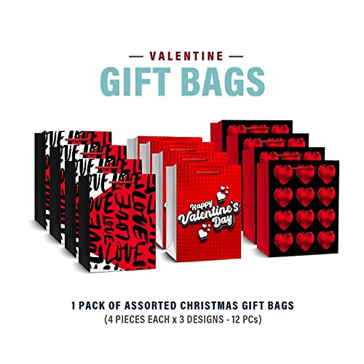 Easykart 12 PCs Valentines Day Paper Gift Bags with Handle 9.5 x 7.75 inch, Elegant Coated Art Paper Wrapping Bags Cardboard Bags for Valentine’s Day Party Favors Funny Gift Exchange Novelty Gift Giving Gift Wrapping