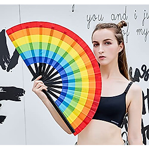 Amajiji Large Folding Hand Rave Fan for Women/Men, Chinease/Japanese Bamboo and Nylon-Cloth Folding Hand Fan, Hand Fan Festival Fan Gift Fan Craft Fan Folding Fan Dance Fan (Rainbow)