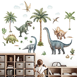 Amimagen Large Dinosaur Wall Decals - Tropical Palm Tree Leaf Dino Wall Stickers - Nursery Kids Baby Boys Room Daycare Playroom Classroom Wall Decor
