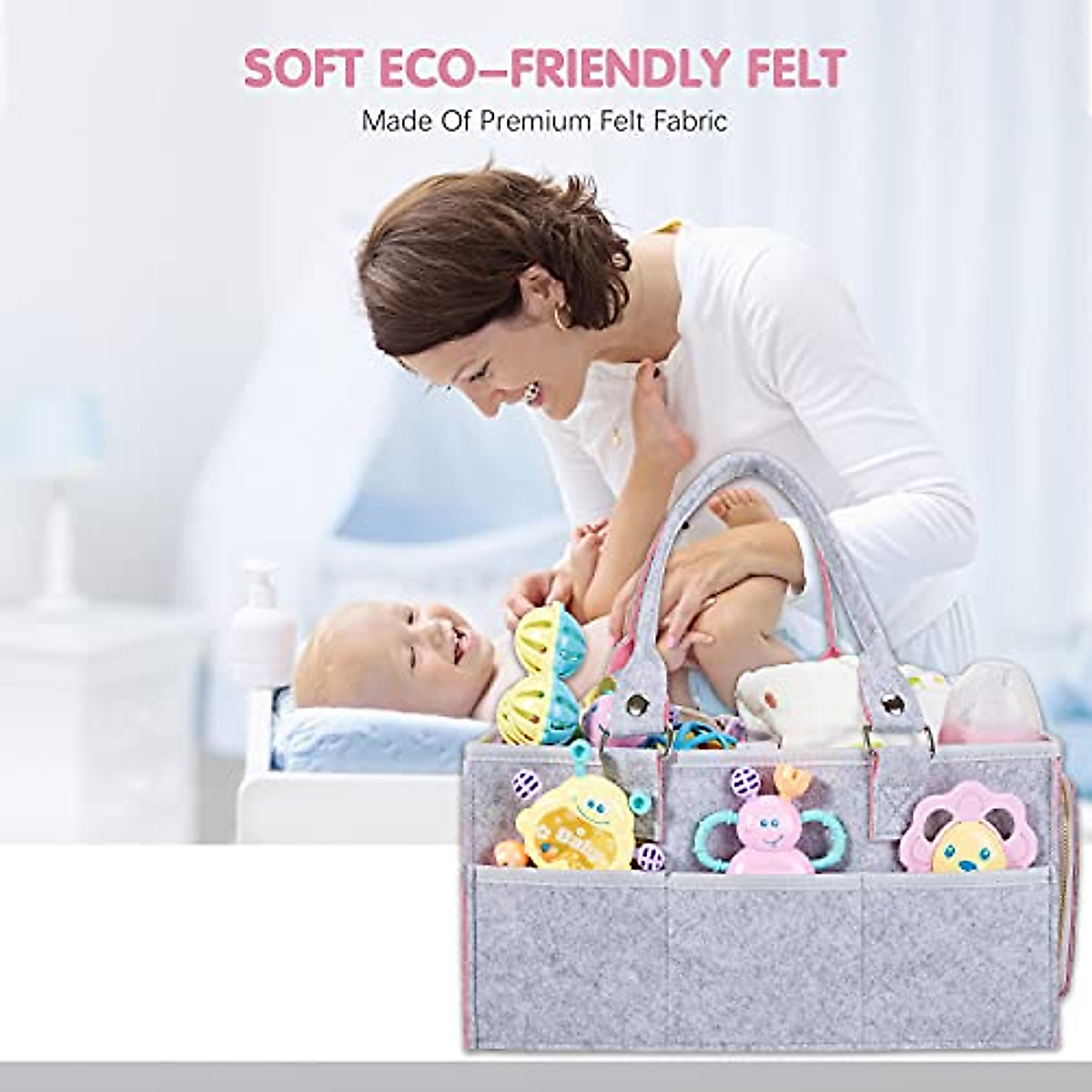 Sawpy Baby Diaper Caddy Organizer, Portable Baby Diaper Storage Basket for Changing Table and Car, Nursery Storage Bin for Diapers, Wipes and Toys, Baby Shower Gifts(Ship from USA)