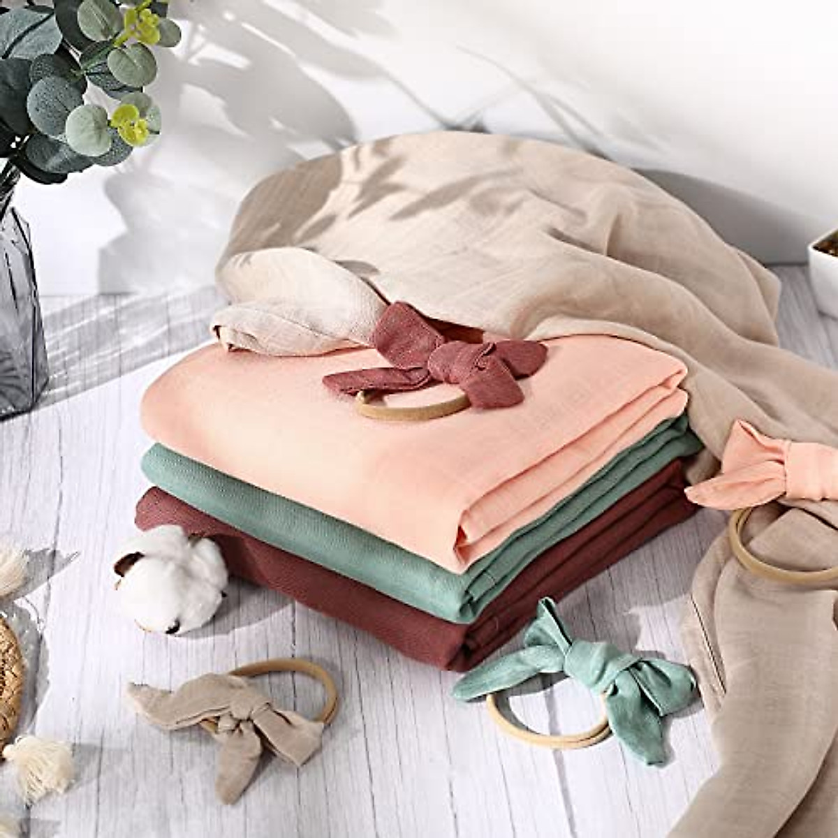 Tatuo 4 Pack Baby Swaddle Blanket Breathable Muslin Swaddle Blanket for Boys Girls, 4 Soft Elastic Baby Headbands with Hair Bows, 47 x 47 Inch Receiving Blanket for Newborn Infant(Light Color)