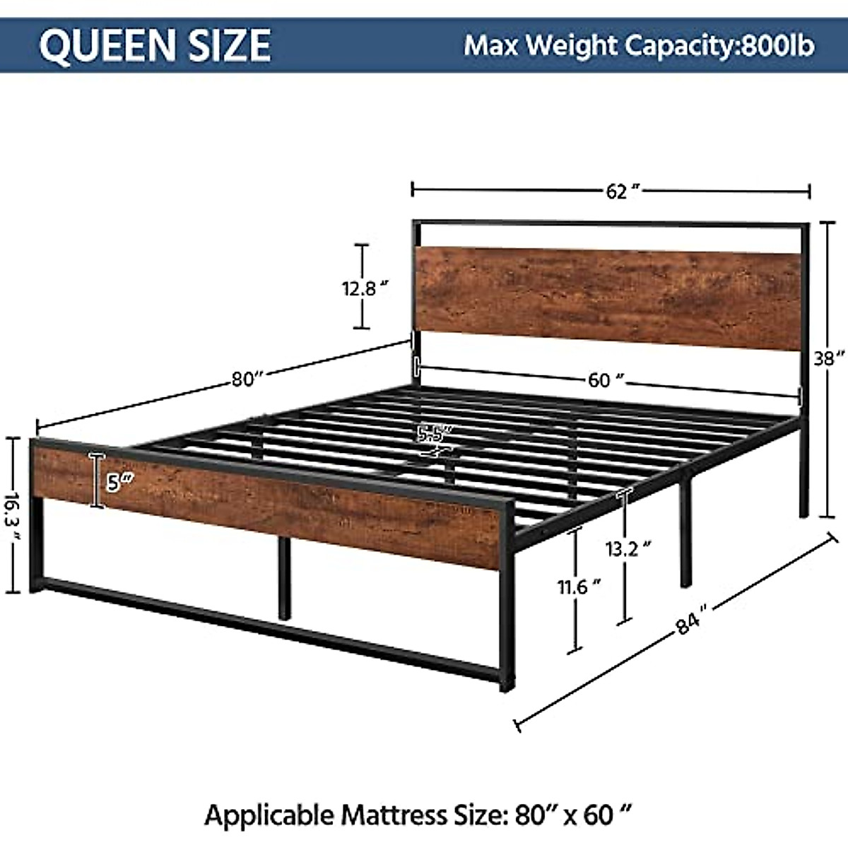 Yaheetech Queen Metal Platform Bed Frame with Rustic Wooden Headboard and Footboard, Mattress Foundation/No Box Spring Needed/12 Inch Underbed Storage/Slats Support/No Noise/Easy Assembly, Mahogany