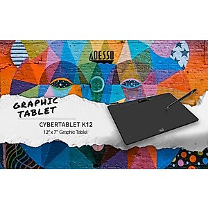 Adesso Large Graphics Drawing Tablet Pad 12 x 7 Inch 8192 Levels Battery-Free Pen, 8 Customizable Keys with Scroll Wheels, Compatible with PC/Mac/Android OS for Painting, Design & Online Teaching