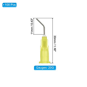 PATIKIL Blunt Tip Dispensing Needles with Bent Blunt Needle, 100 Pcs 0.4 Inch 20G Industrial Liquid Dispenser Needle for Refilling Liquid Ink Adhesive Glue, Yellow